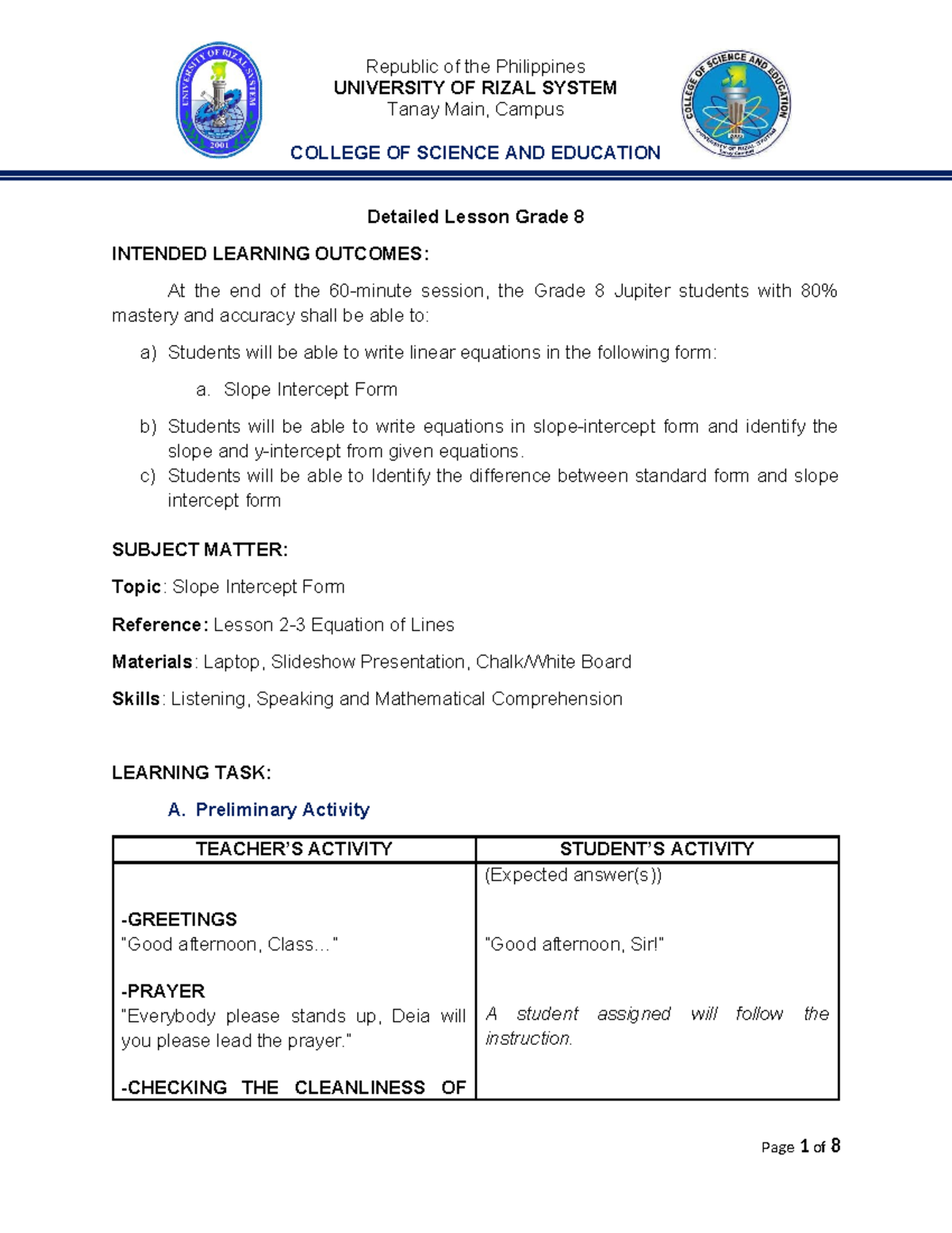 Detailed Lesson Plan on Slope Intercept Form (Grade 8) - Studocu
