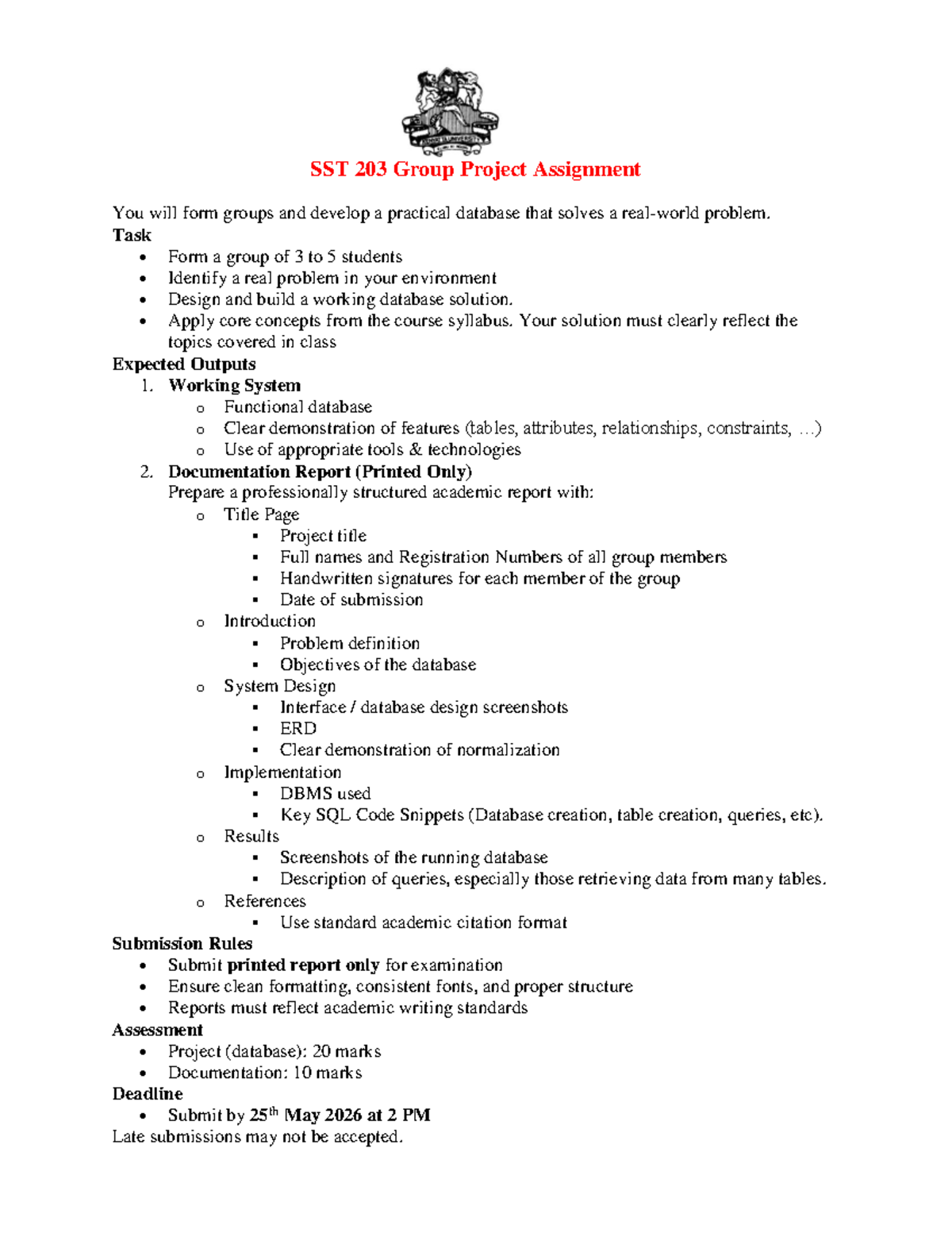SST 203 Group Project: Database Development Assignment - Studocu