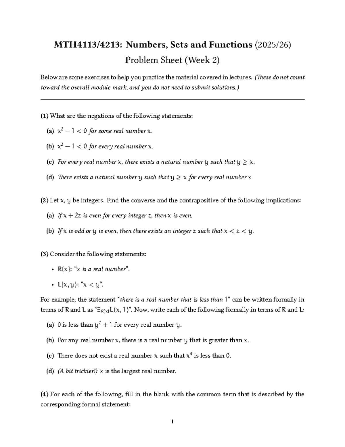 Numbers, Sets and Functions Problem Sheet (Week 2) - Studocu