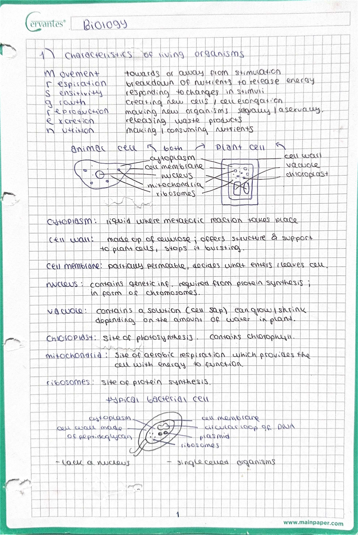 Biology 1 GCSE Notes: Characteristics of Living Organisms and Processes ...