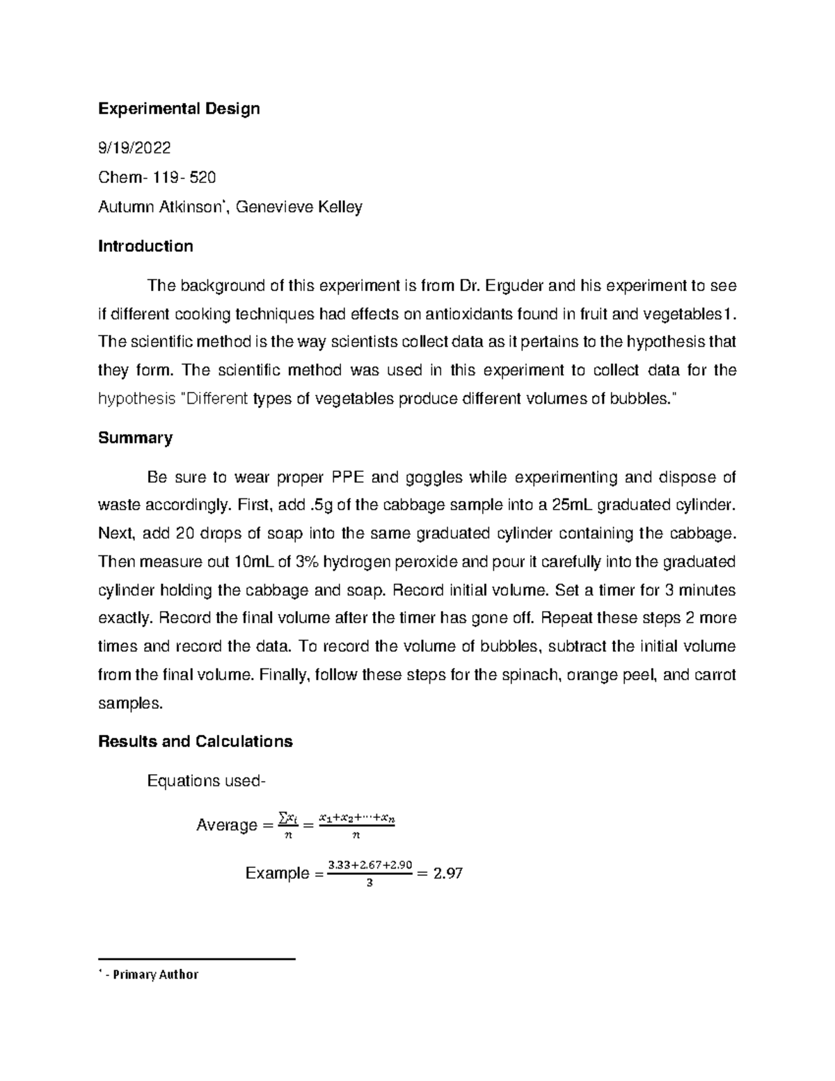 Experimental Design Lab Report - Experimental Design 9/19/ Chem- 119 ...