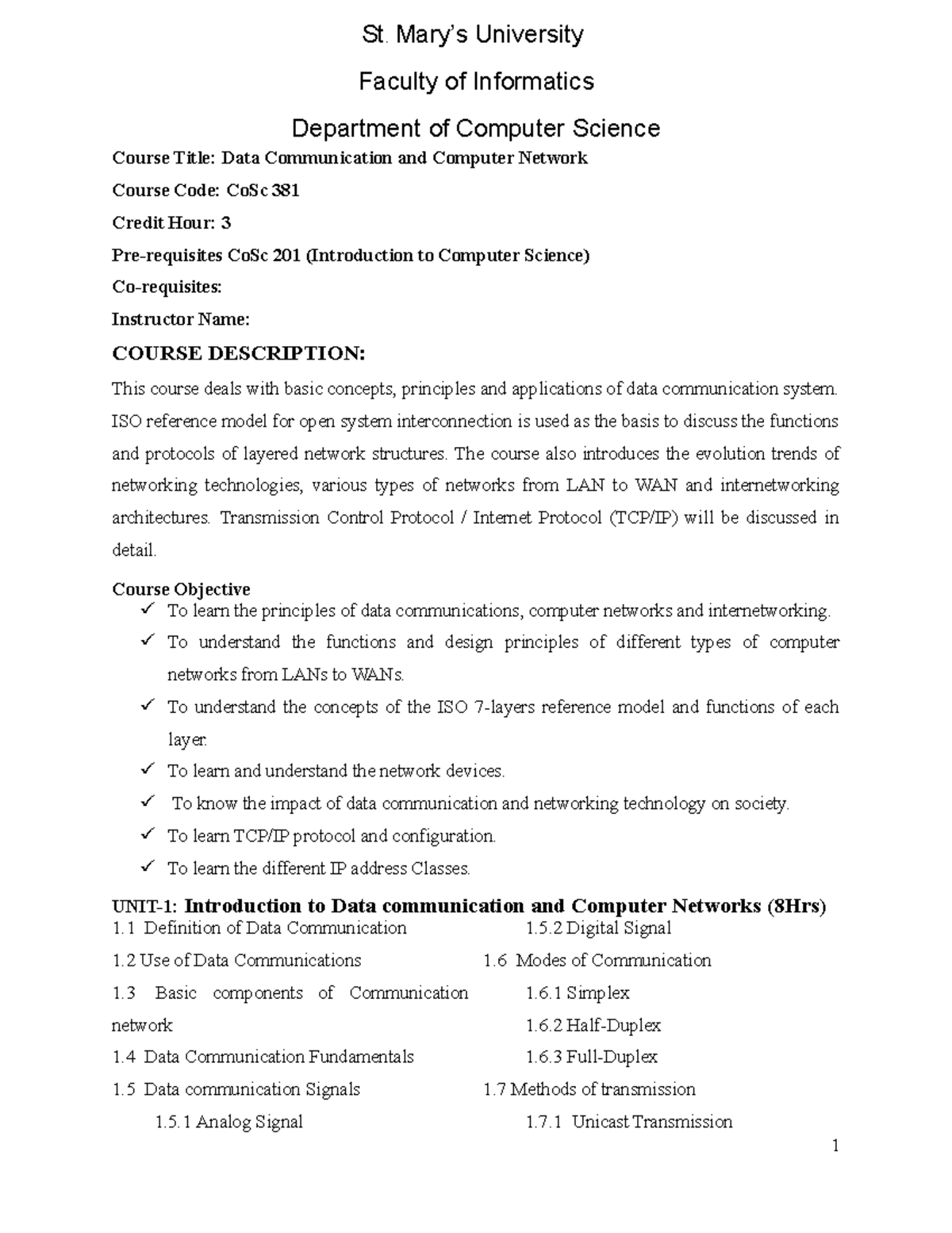 CoSc 381: Data Communication and Computer Networks Course Outline - Studocu