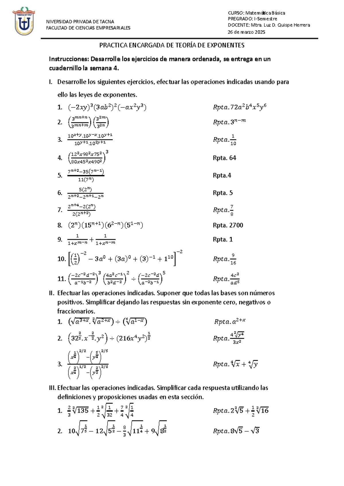 Práctica de Teoría de Exponentes - Matemática Básica - Studocu