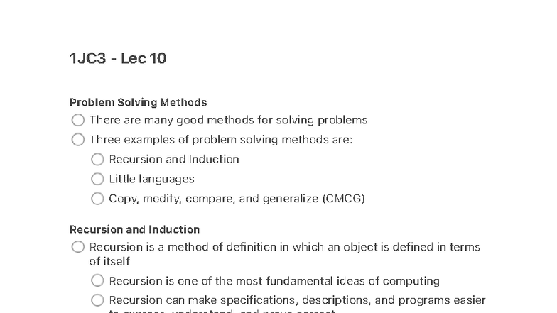 1JC3 - Lec 10 - Problem Solving Methods: Recursion & Induction - Studocu