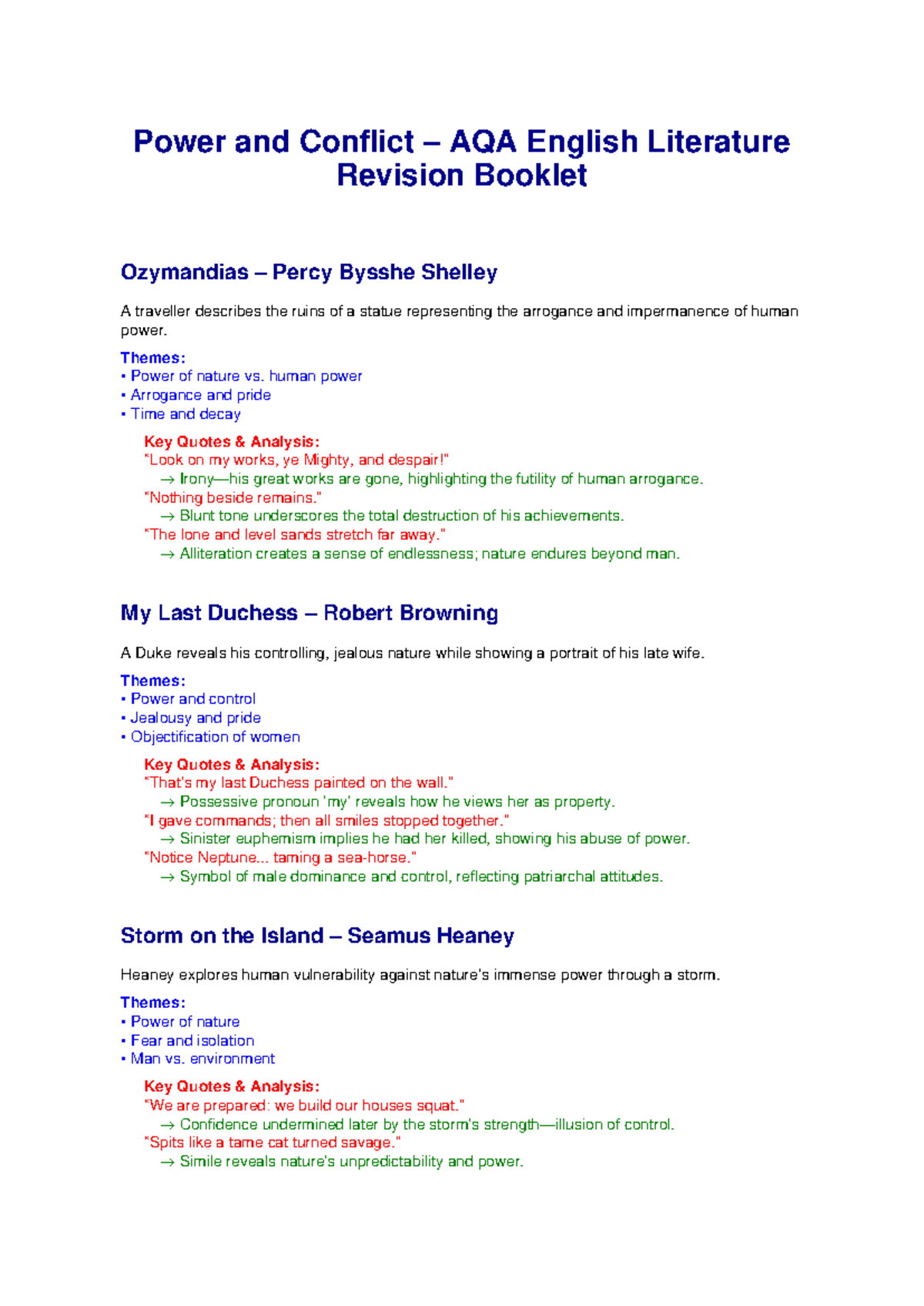 Power and Conflict AQA English Literature Revision Booklet - Studocu
