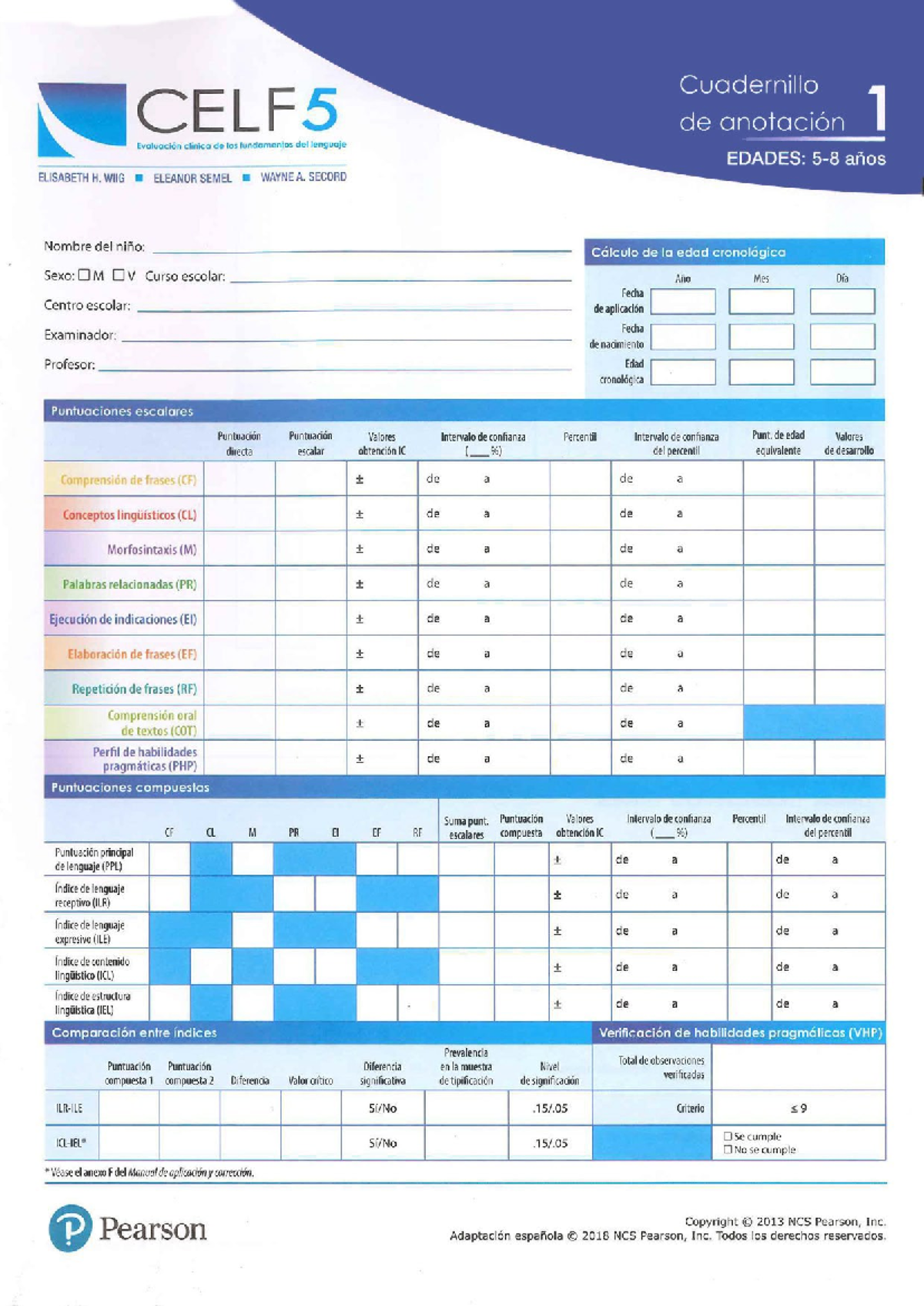 Cuadernillo CELF 5: Evaluación Clínica de Fundamentos del Lenguaje ...