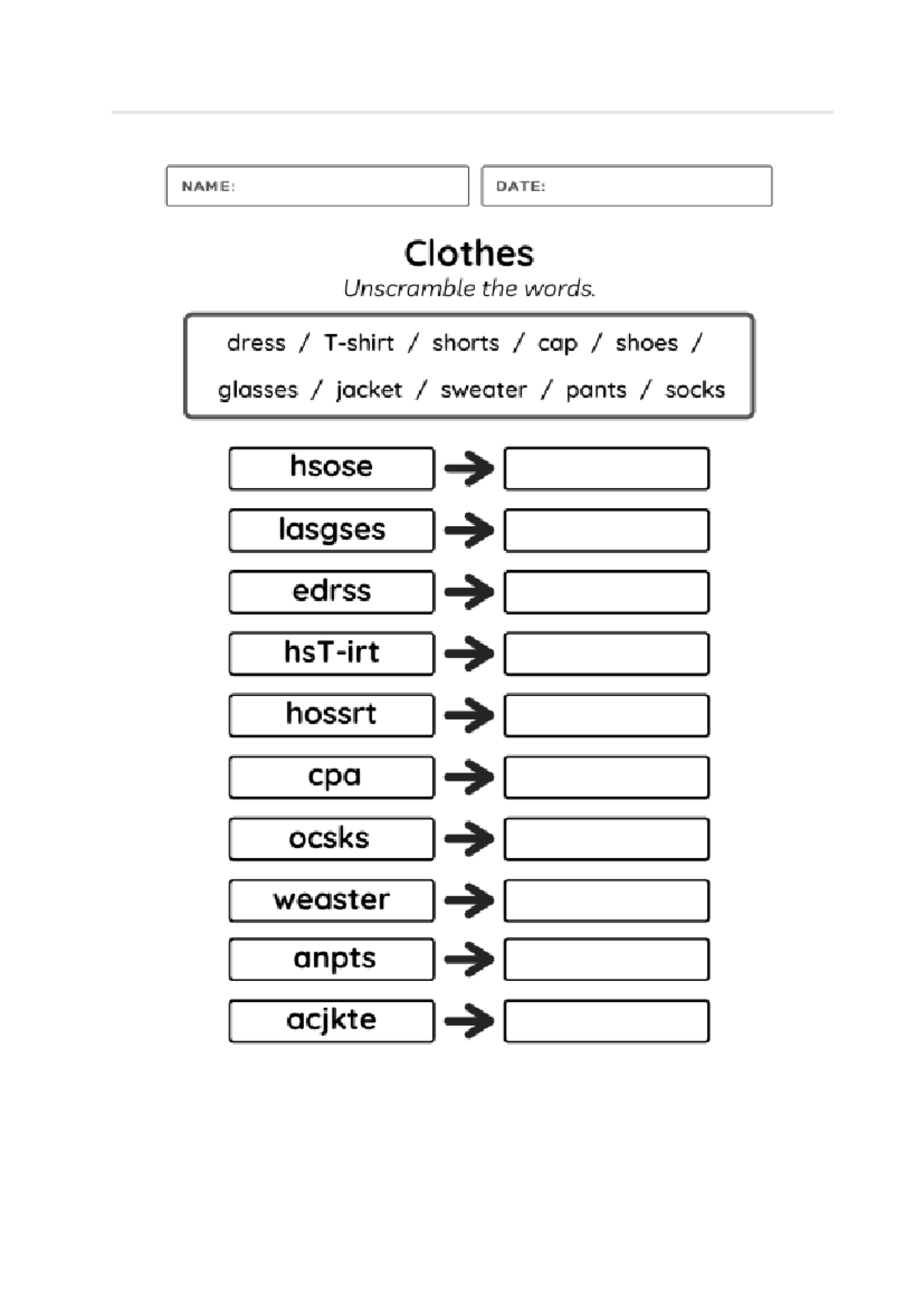 Clothes Review: Unit 4 Lesson 2 Activities and Games - Studocu