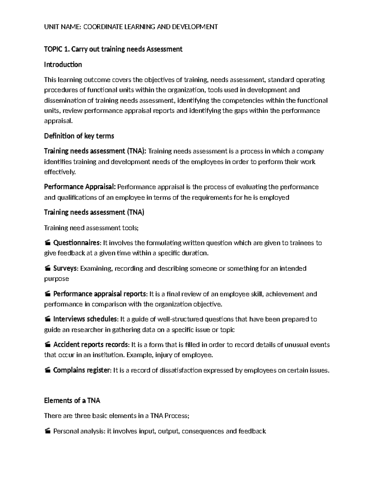 Learning & DEVT Topic 1: Training Needs Assessment Overview - Studocu