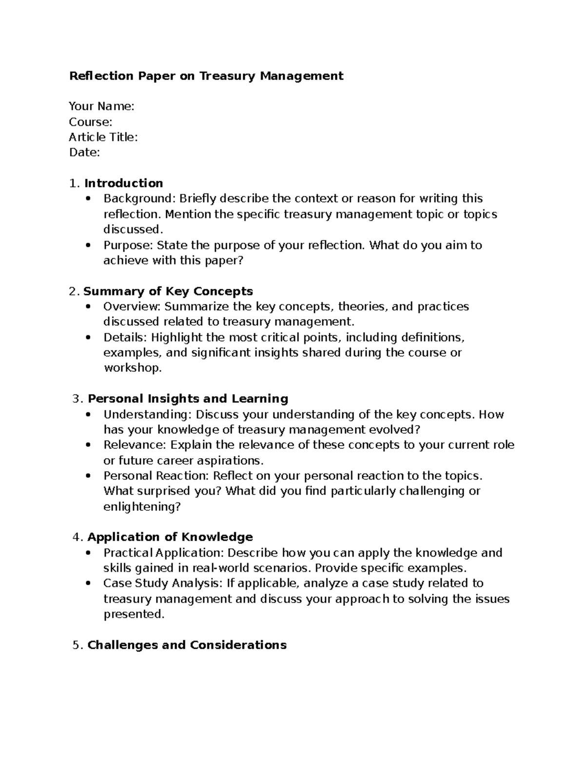 Reflection Paper: Insights on Treasury Management (MGT 402) - Studocu