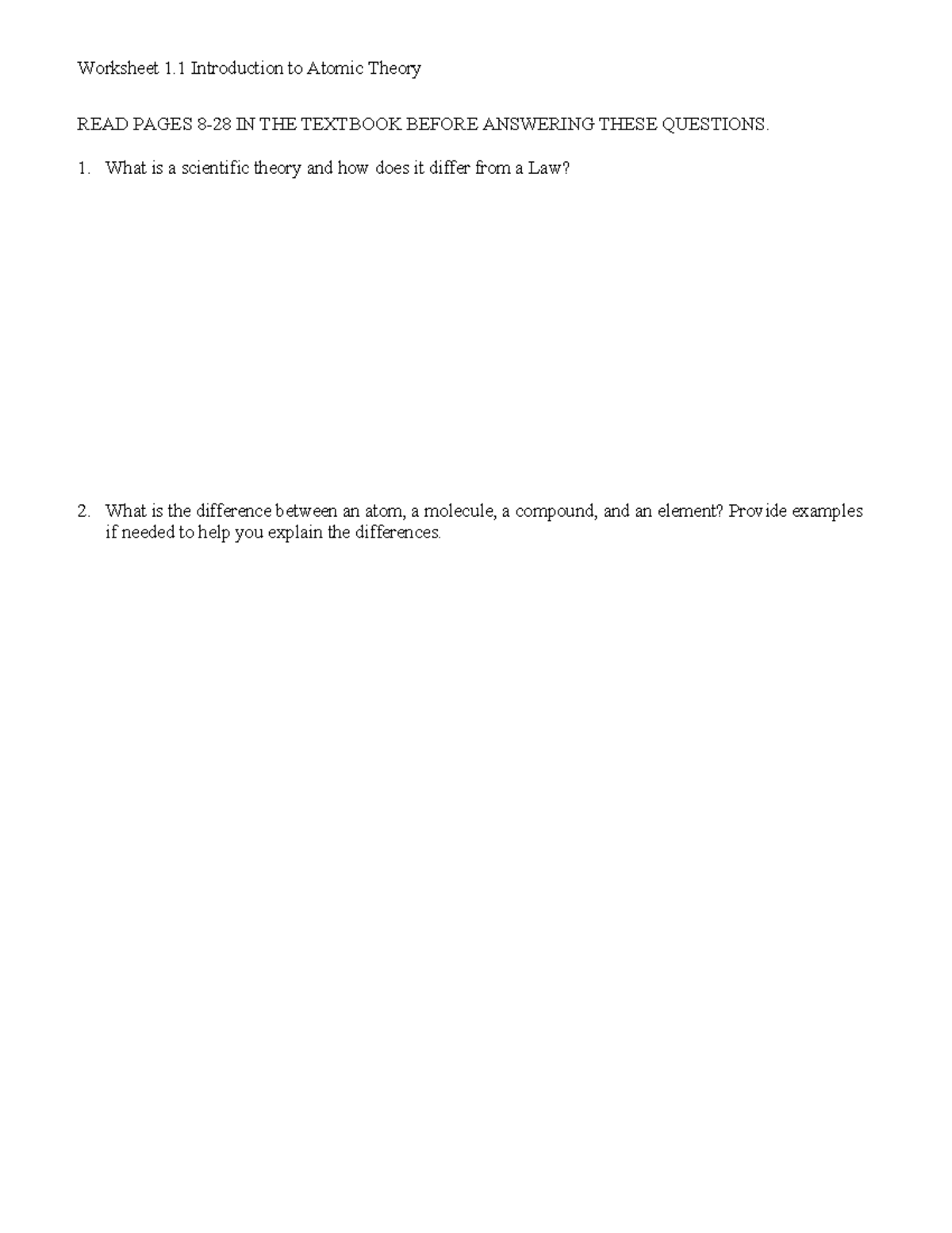 Worksheet 1.1: Intro to Atomic Theory Questions & Activities - Studocu