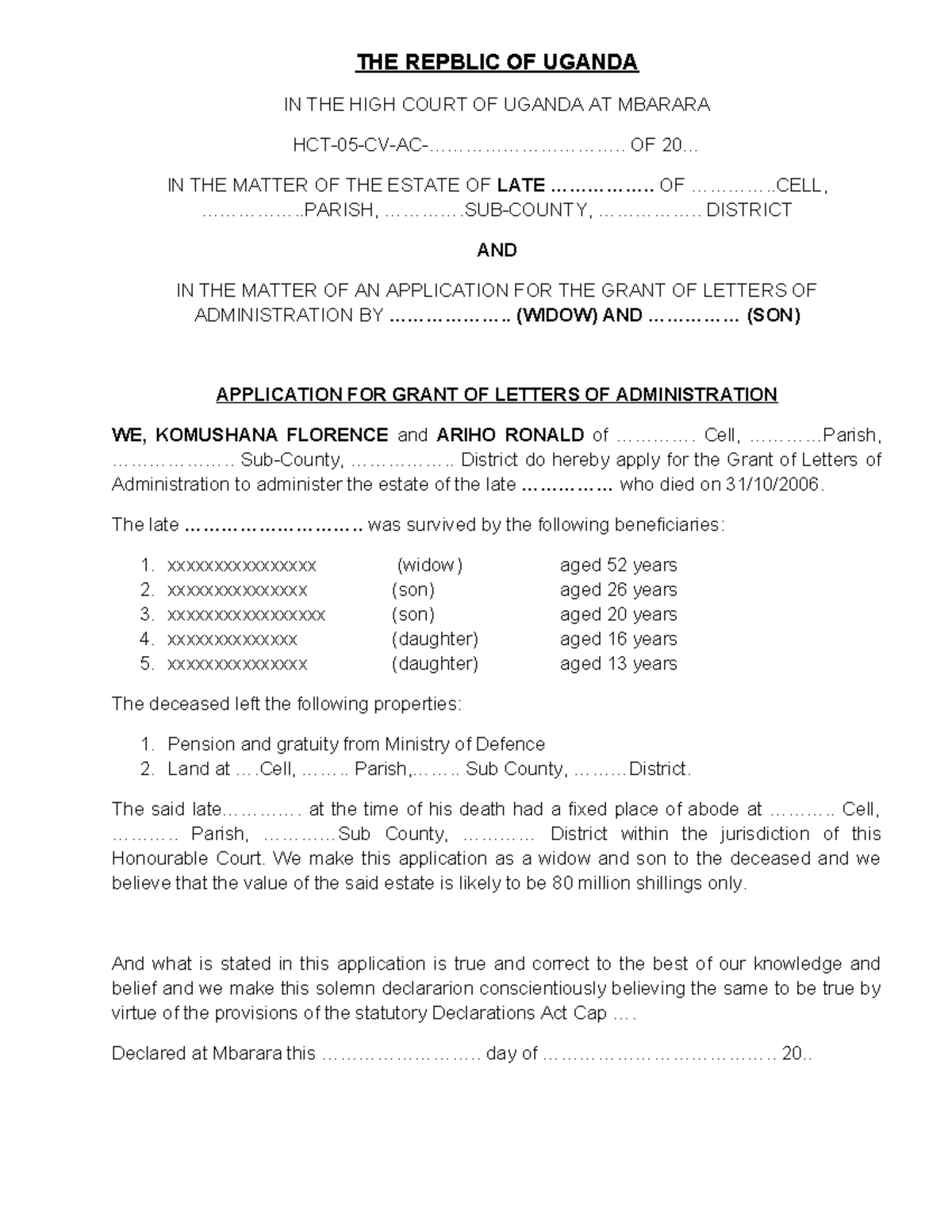 Application for Grant of Letters of Administration - High Court Uganda ...