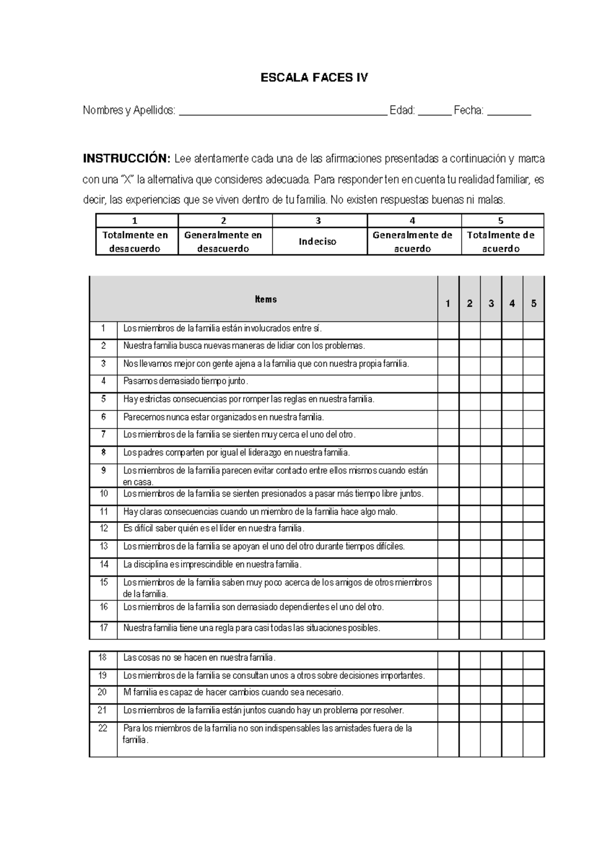 Escala Faces IV: Evaluación Familiar y Relaciones Interpersonales - Studocu