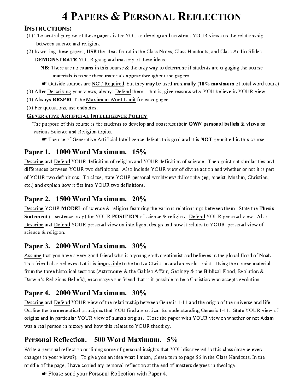 4 PAPERS ON SCIENCE & RELIGION: PERSONAL REFLECTION INSTRUCTIONS - Studocu