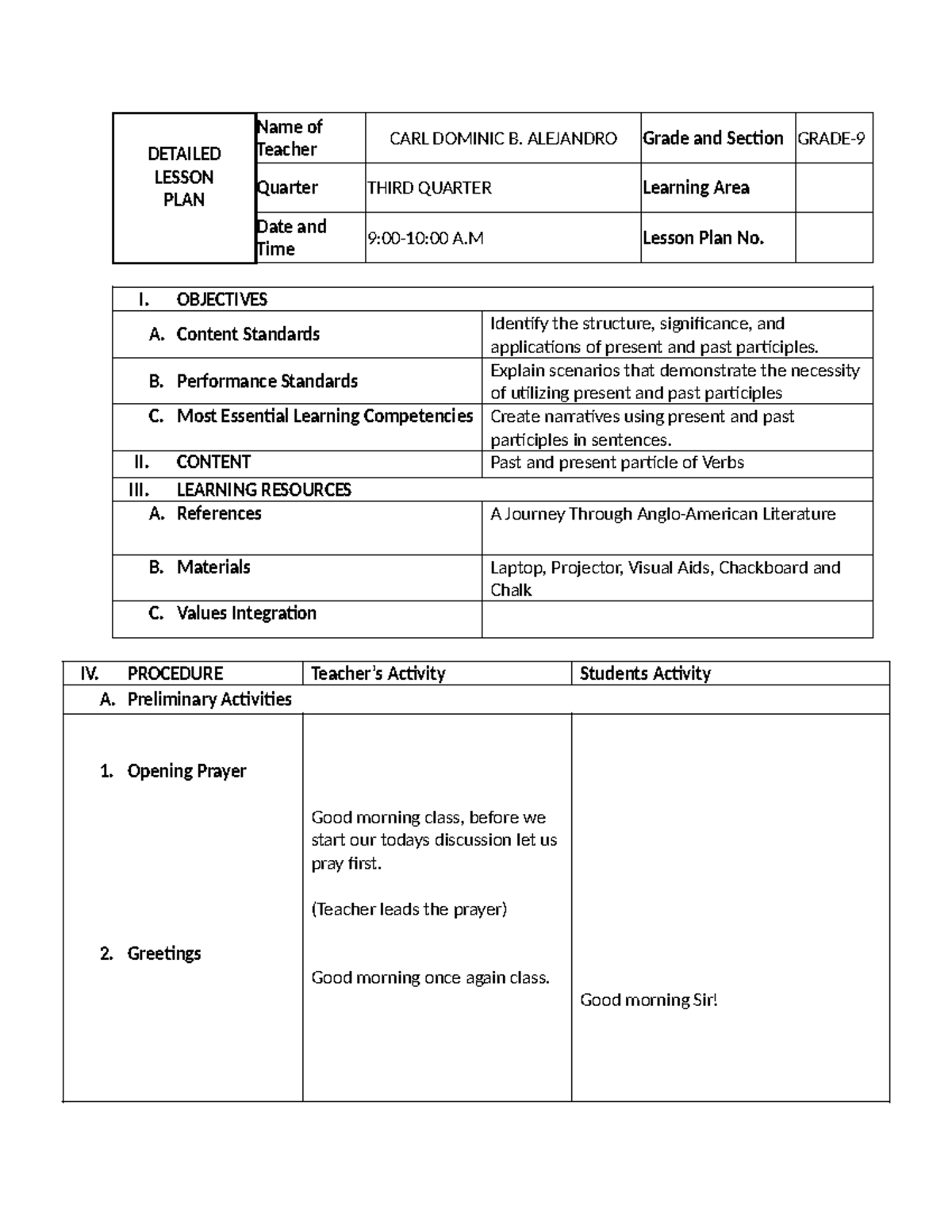 Detailed Lesson Plan on Participles for GRADE-3 Third Quarter - Studocu