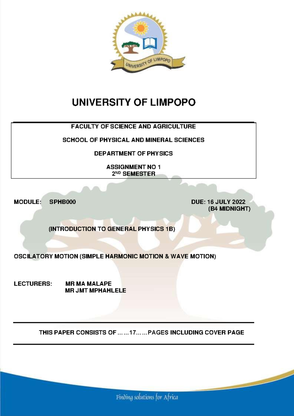 SPHB000 Oscillatory Motion & Wave Motion Assignments 2022 - Studocu