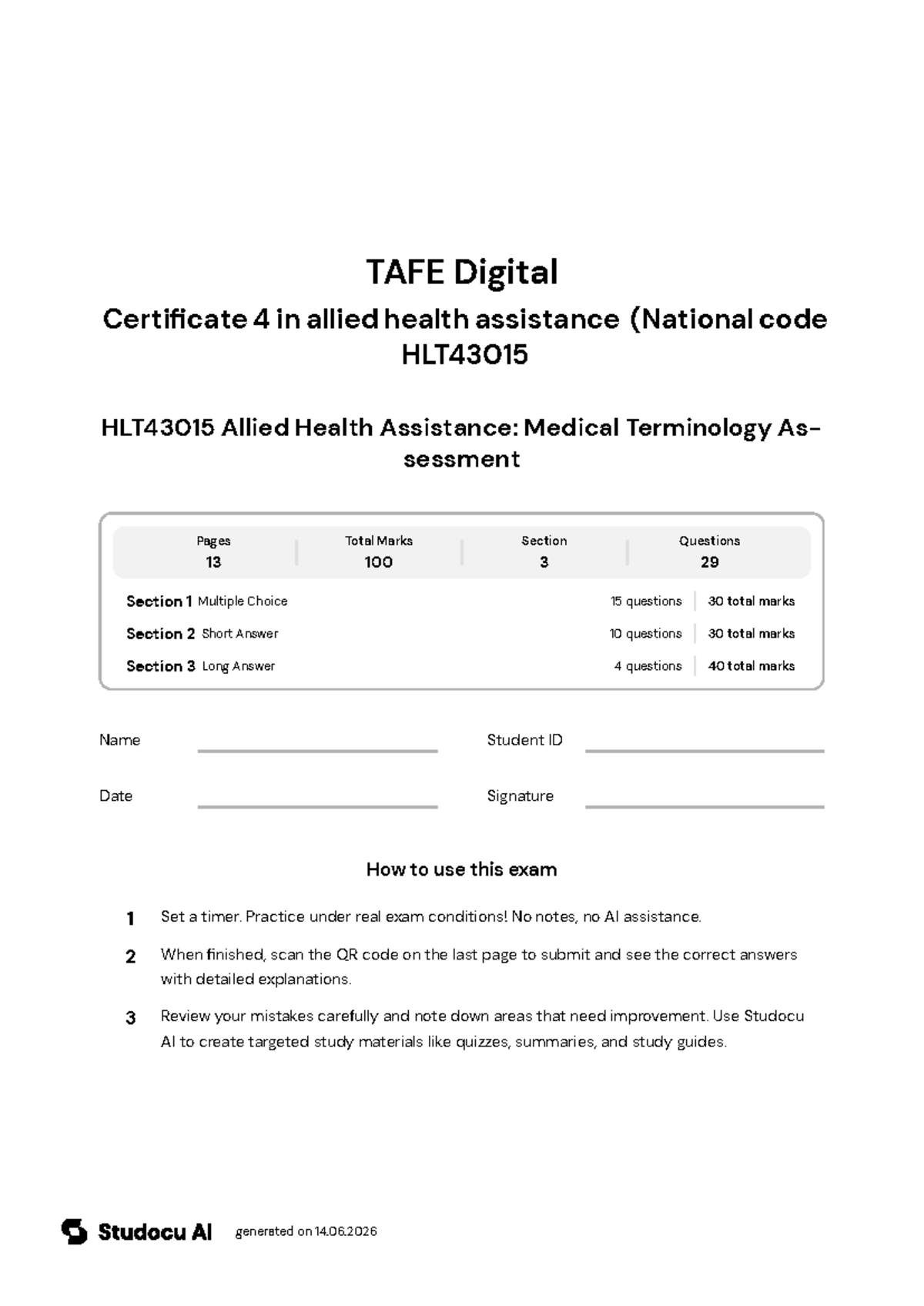 HLT43015 Medical Terminology Assessment - Studocu
