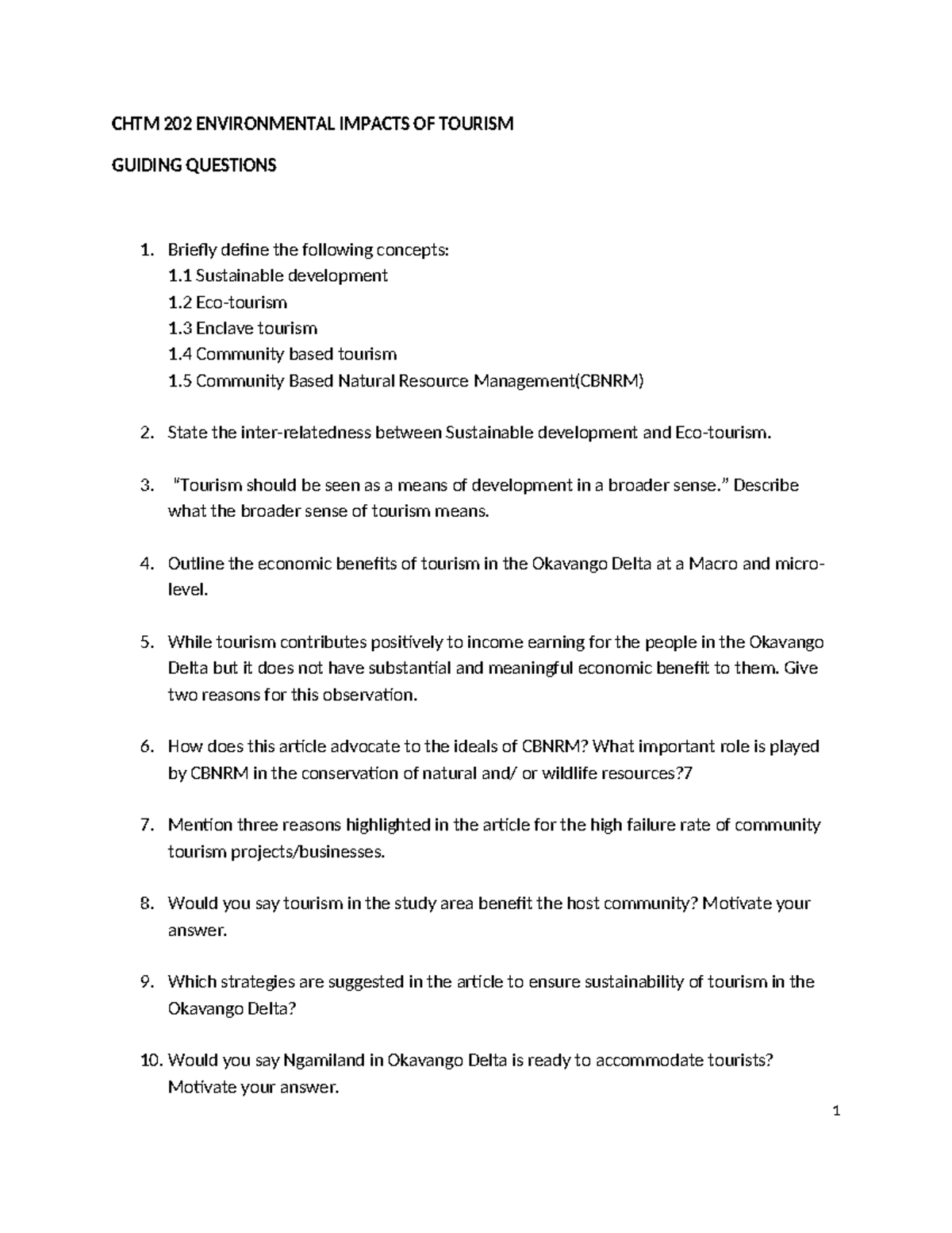 CHTM 202 Environmental impacts of tourism: Guiding questions and ...