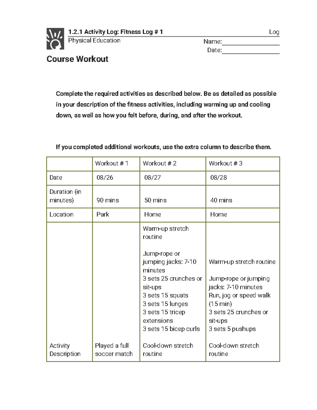 1.2.1 Fitness Activity Log # 1 - Detailed Workout Journal - Studocu