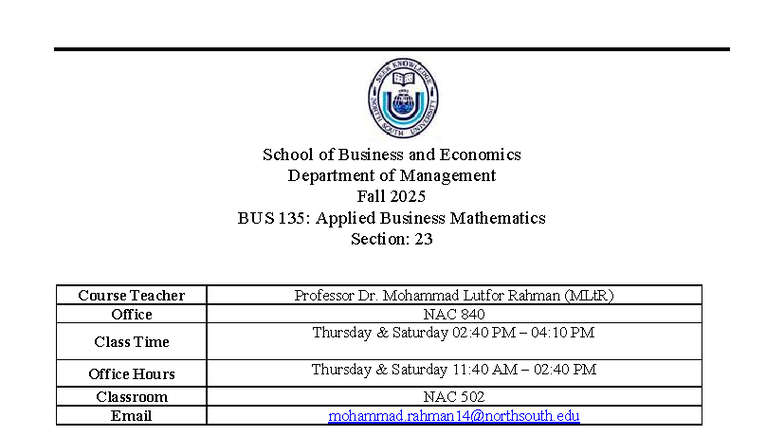 Course Outline for BUS 135: Applied Business Mathematics (Fall 2025 ...