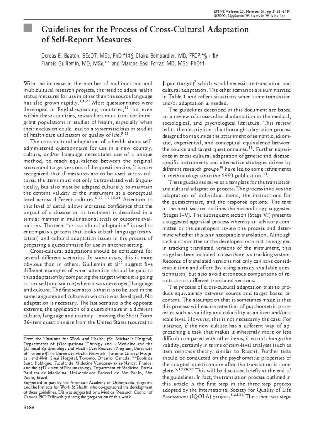 SPINE 25(24): Guidelines for Cross-Cultural Adaptation of Measures ...