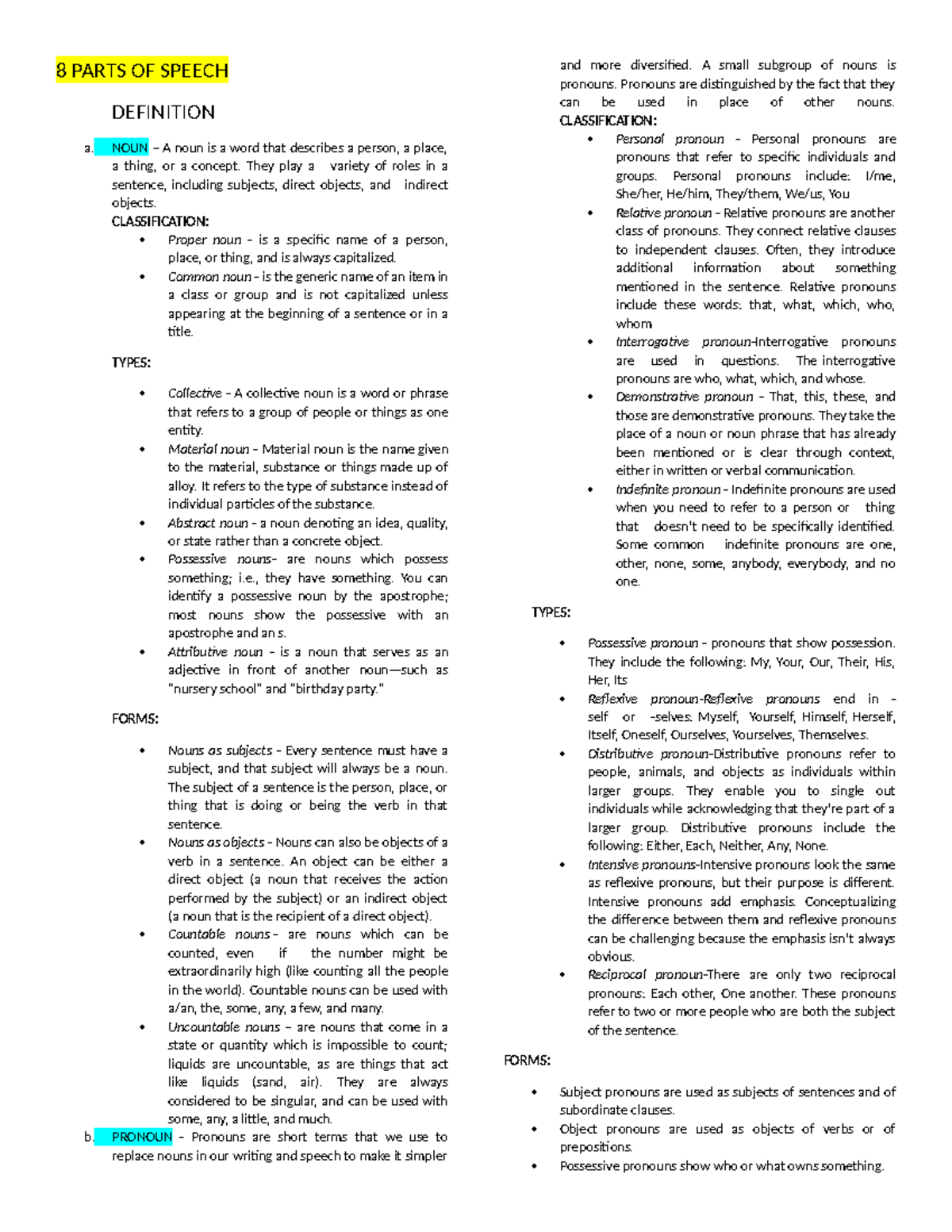 8 Parts of Speech Overview - Academic Reference Notes - Studocu