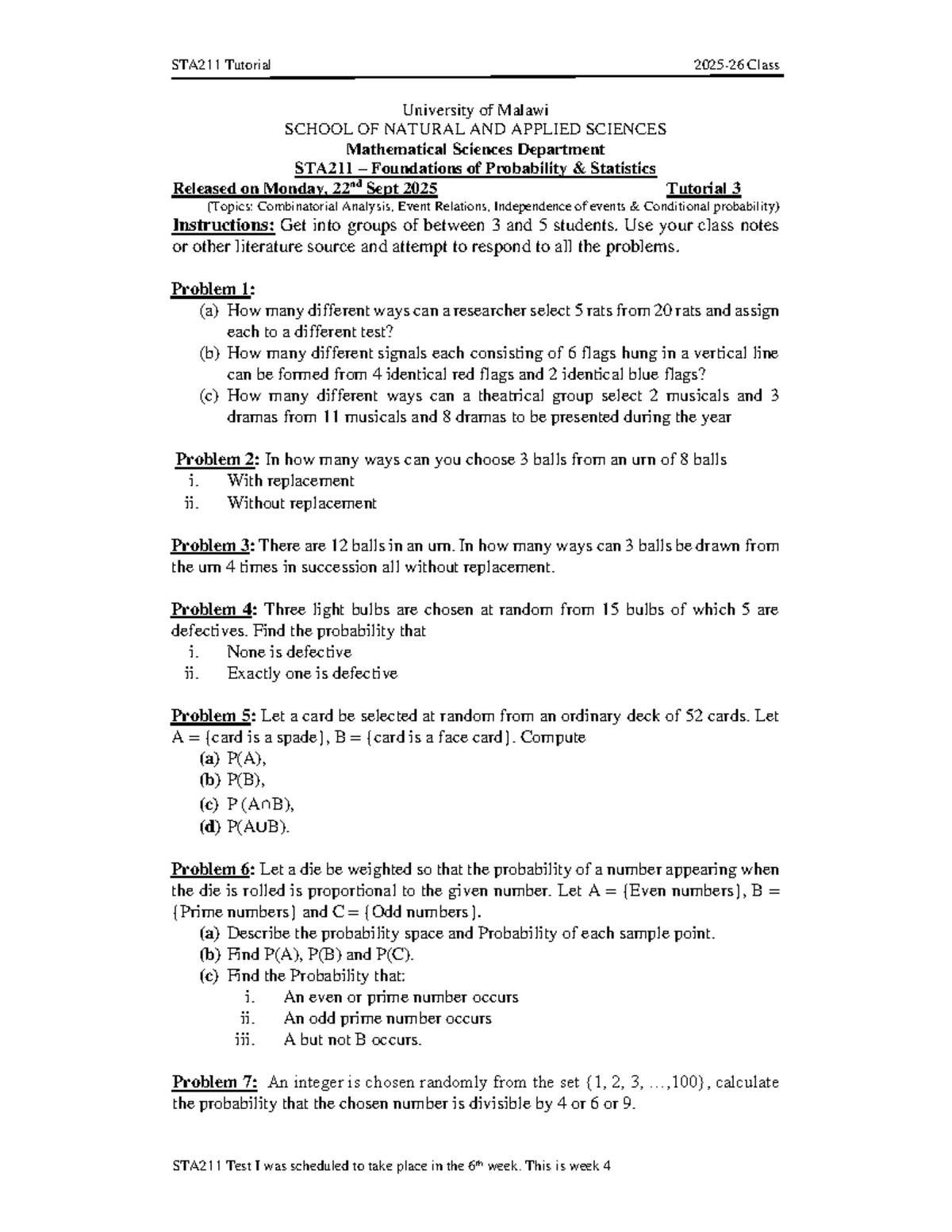 STA211 Tutorial 3: Practical Problems in Probability and Combinatorics ...