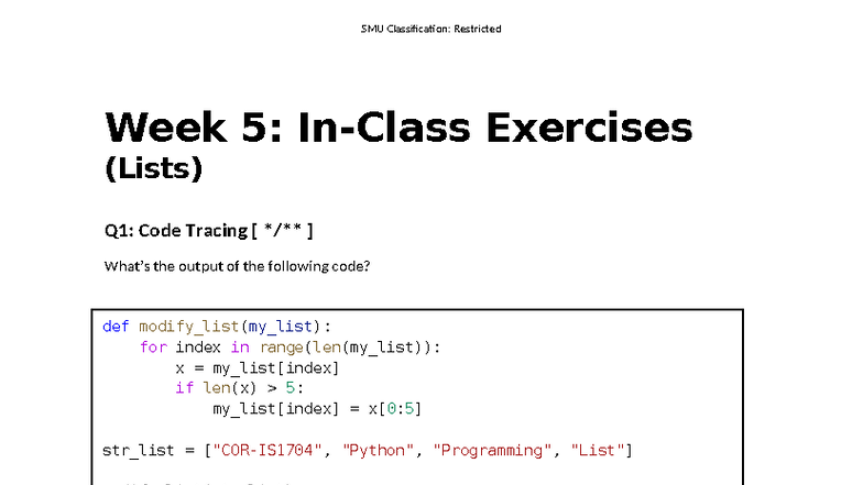 SMU CS101 Week 5 In-Class Exercises: Code Tracing & Email Functions - Studocu