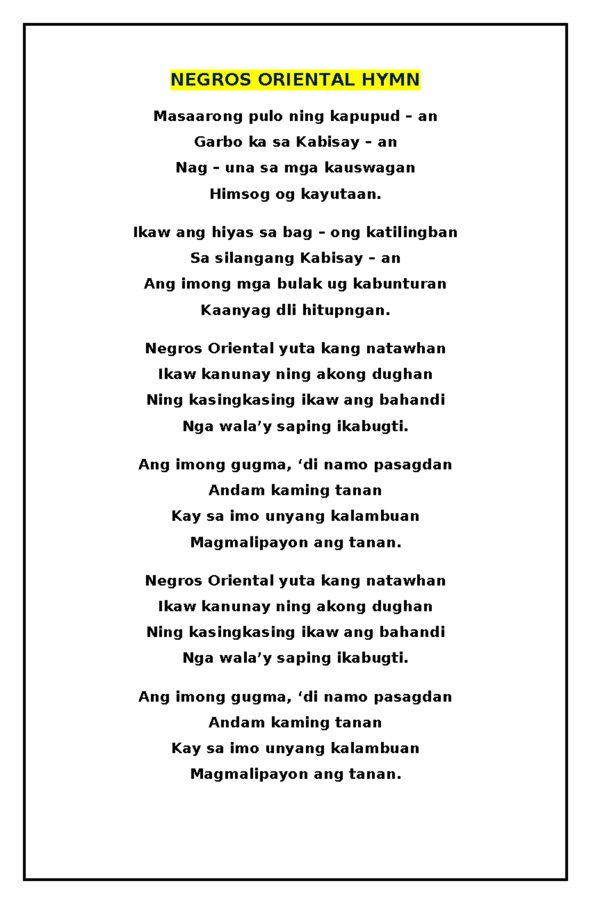 Provincial Hymn of Negros Oriental - Weelmat Activities for Learners ...
