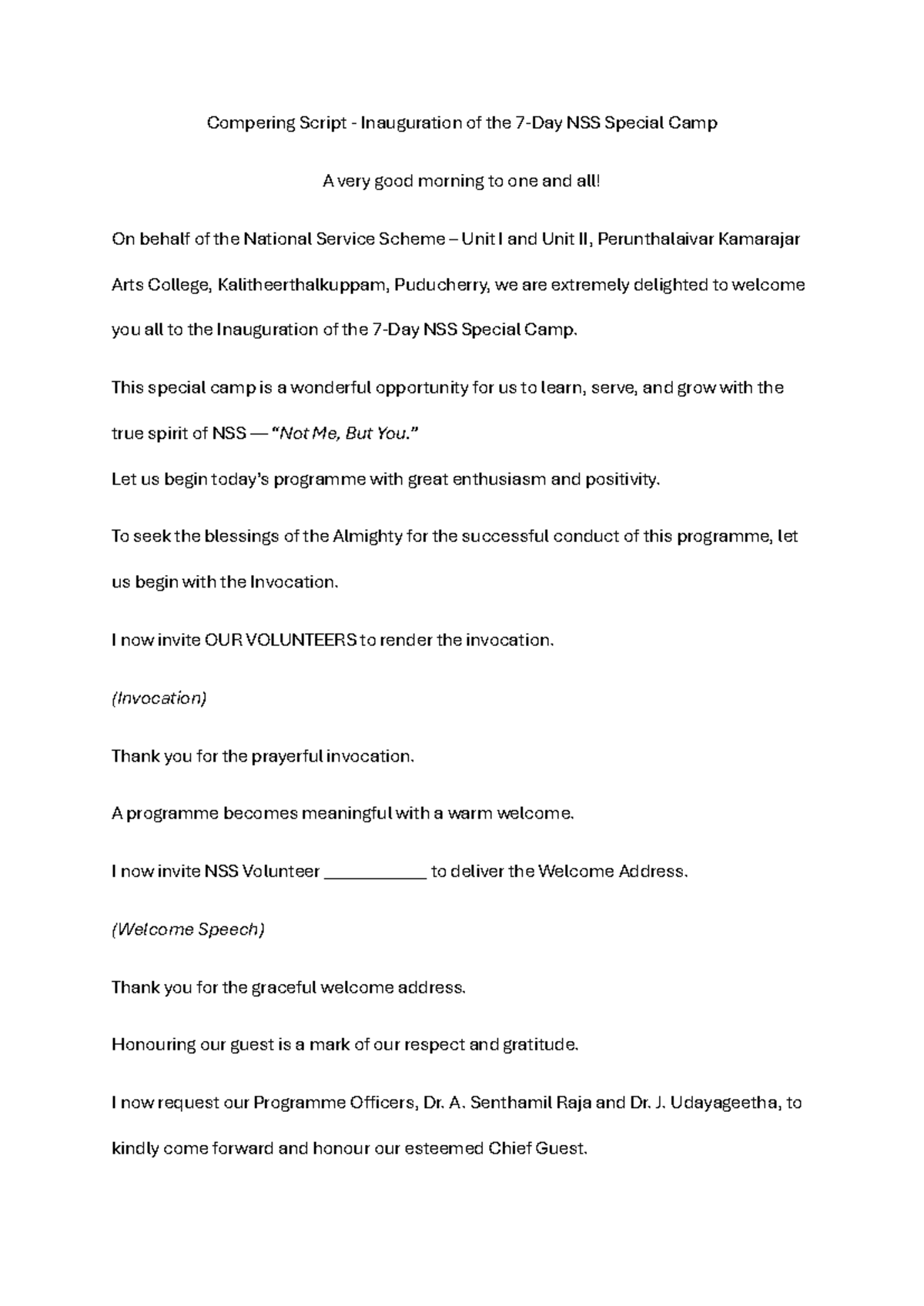 NSS Special Camp Inauguration Compeering Script - Studocu