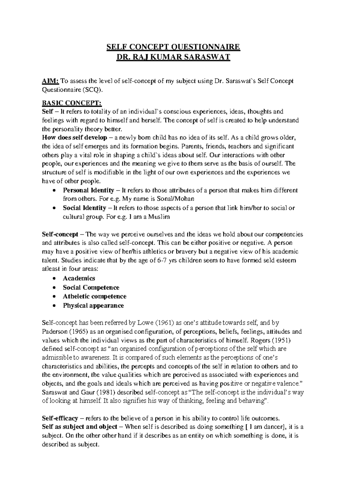 Self Concept Questionnaire (SCQ) Report: Assessment Overview and ...