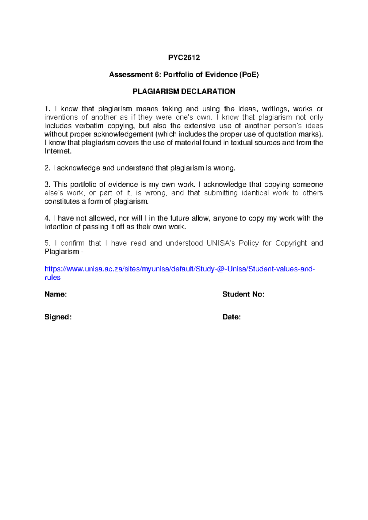 PYC2612 Assessment 6: Portfolio of Evidence & Plagiarism Declaration ...