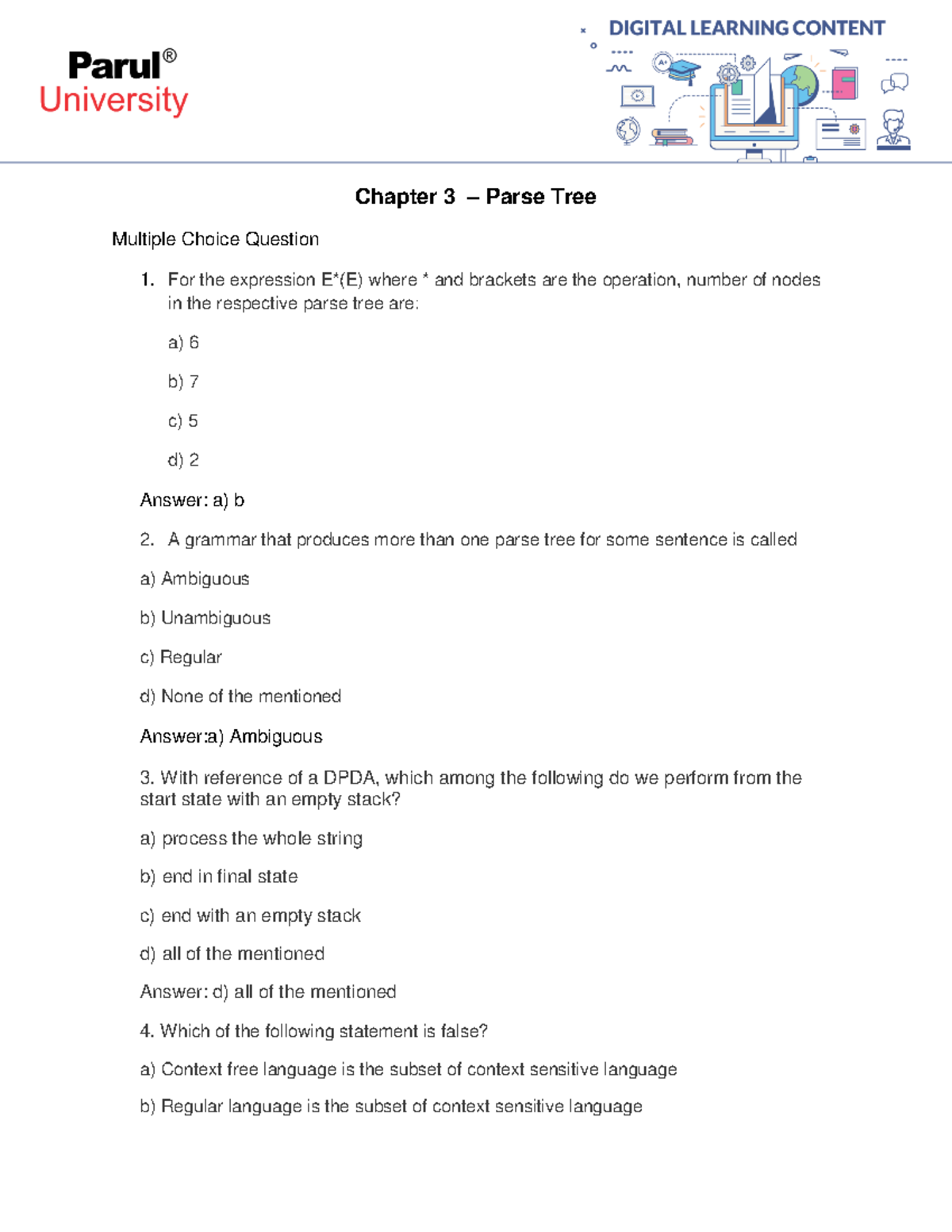 Assessment 203105305-3-2 - Chapter 3 – Parse Tree Multiple Choice Question 1. For the expression ...