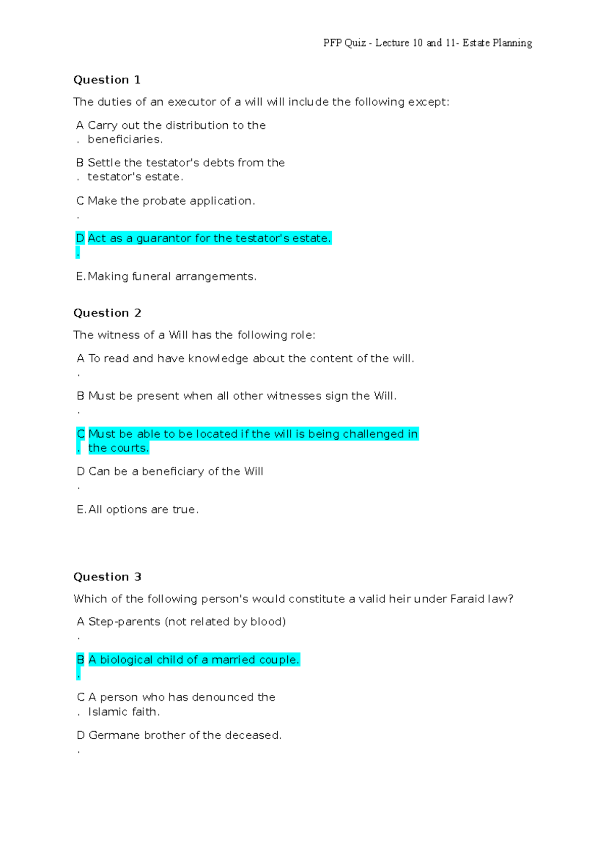 PFP Quiz - Lecture 10 and 11- Estate Planning - PFP Quiz - Lecture 10 ...