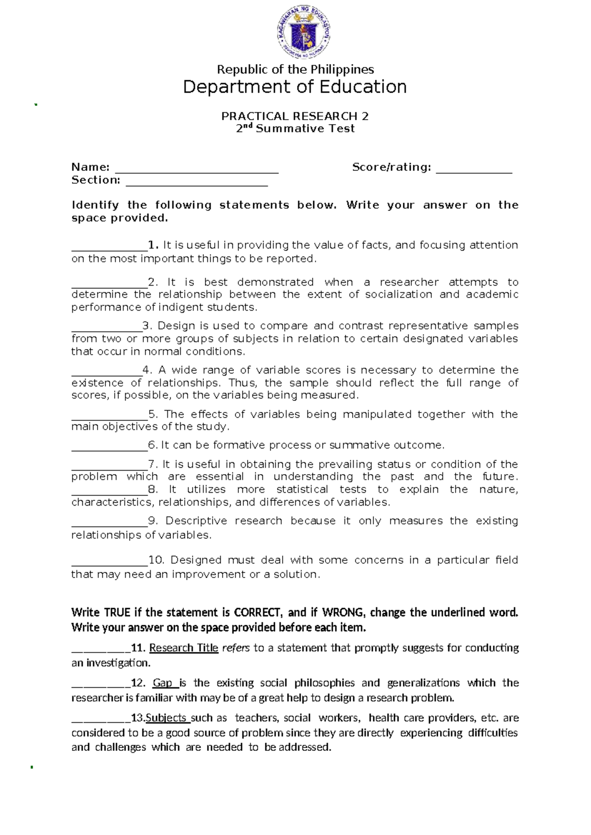 PR2 2nd Summative Test: Research Concepts and Considerations - Studocu