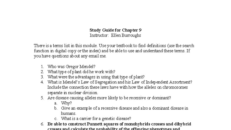 Genetics Study Guide: Chapter 9 - Mendelian Inheritance (BIO101) - Studocu