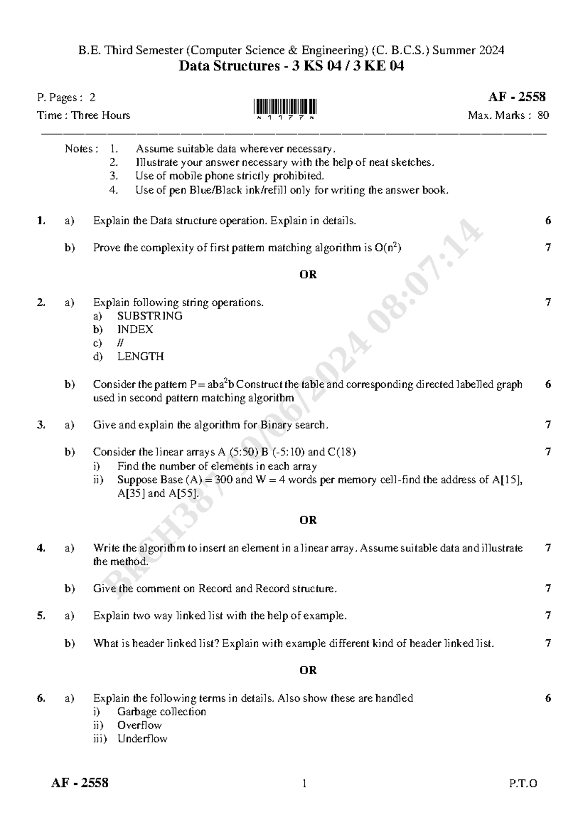 B.E. CSE 3rd Sem Summer 2024 Data Structures Exam Notes - Studocu