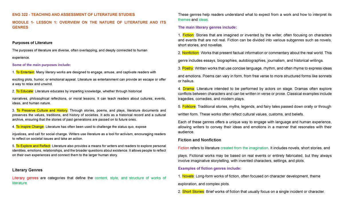ENG 322 Midterm Exam Review: Exploring Literature's Purpose and Genres ...