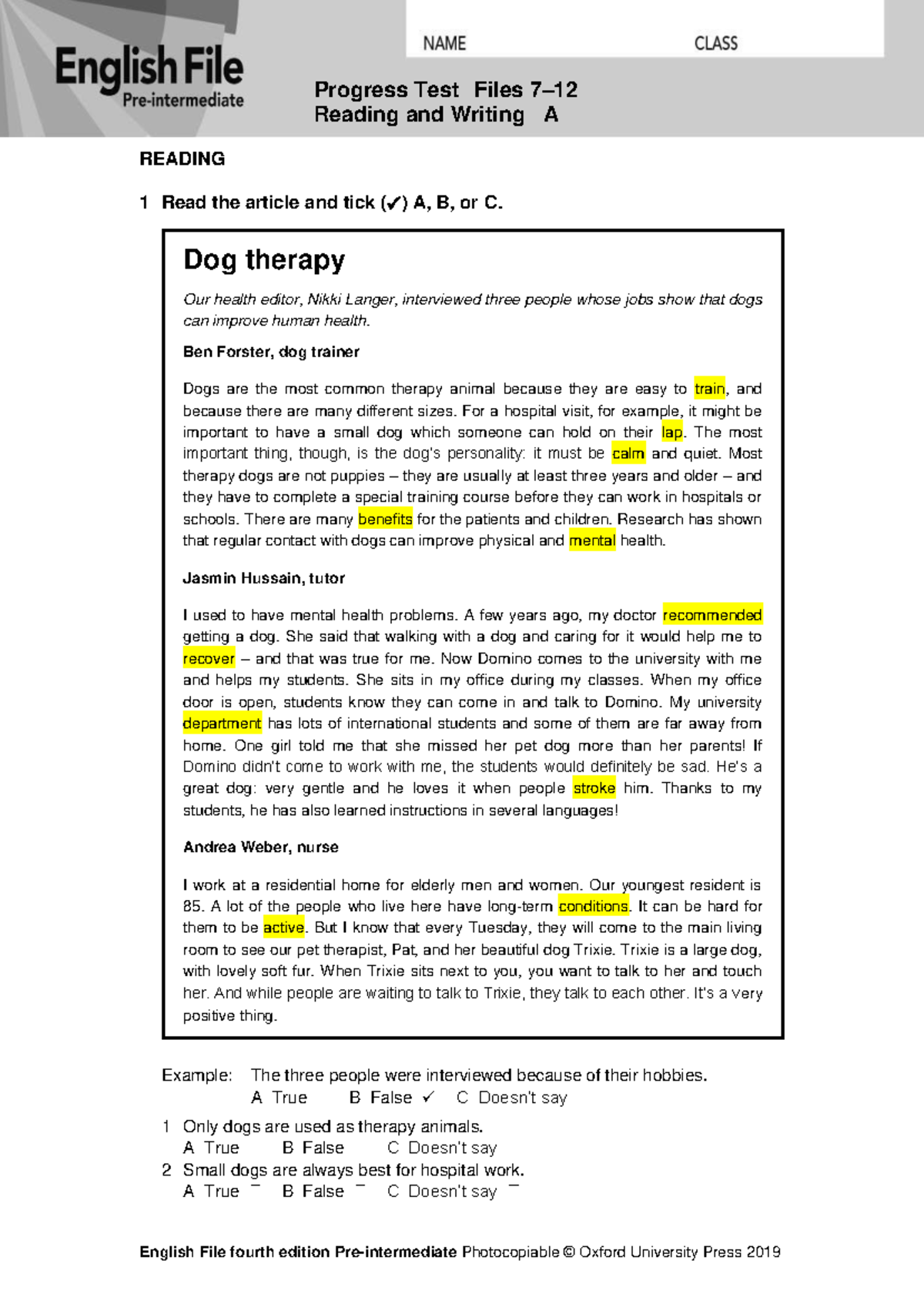Progress Test Files: Reading & Writing A - Dog Therapy Insights - Studocu