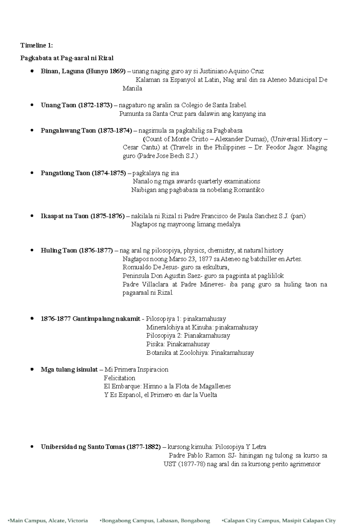 Rizal timeline 1 - Timeline 1: Pagkabata at Pag-aaral ni Rizal Binan ...