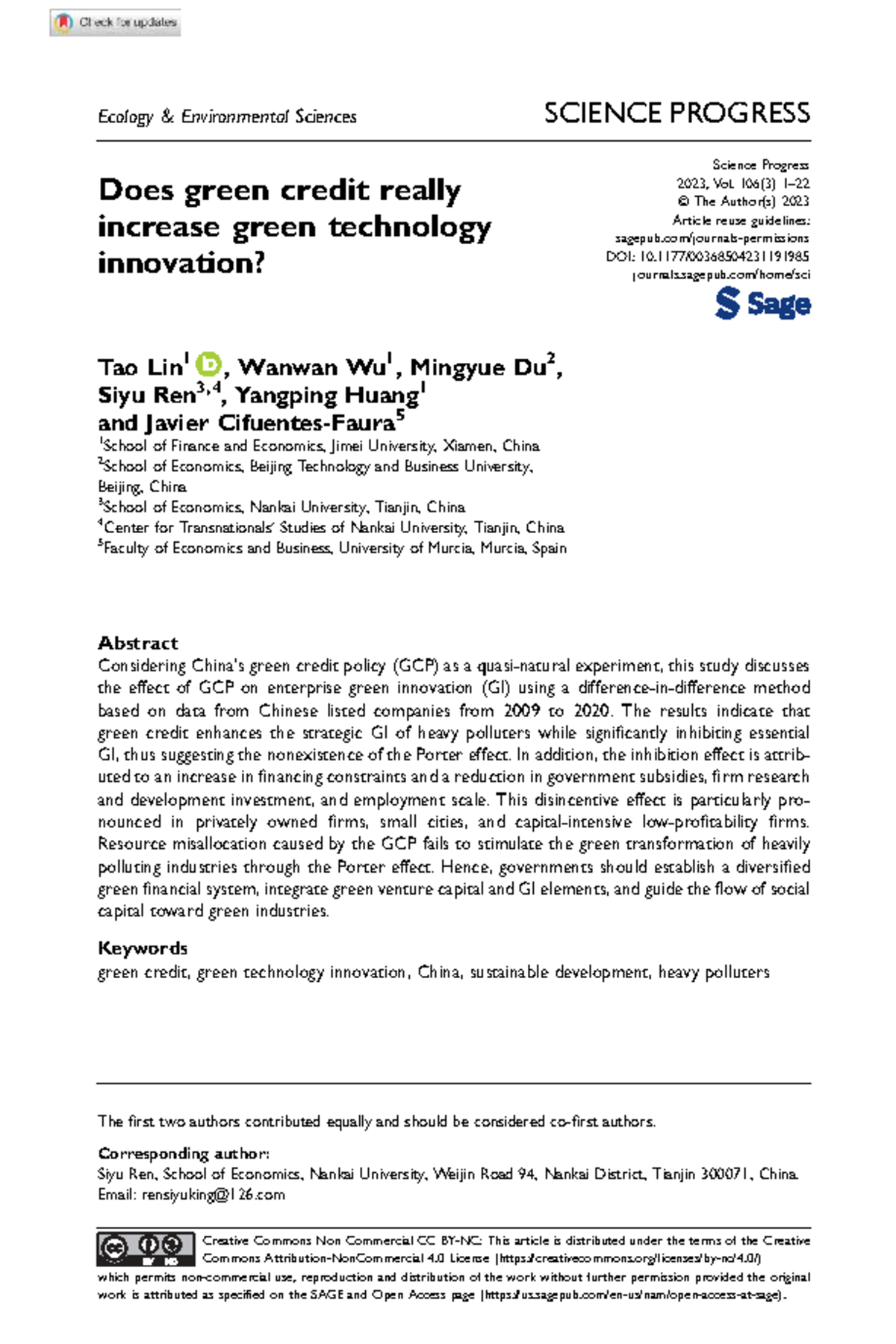 SCIENCE PROGRESS 2023: Impact of Green Credit on Tech Innovation in ...