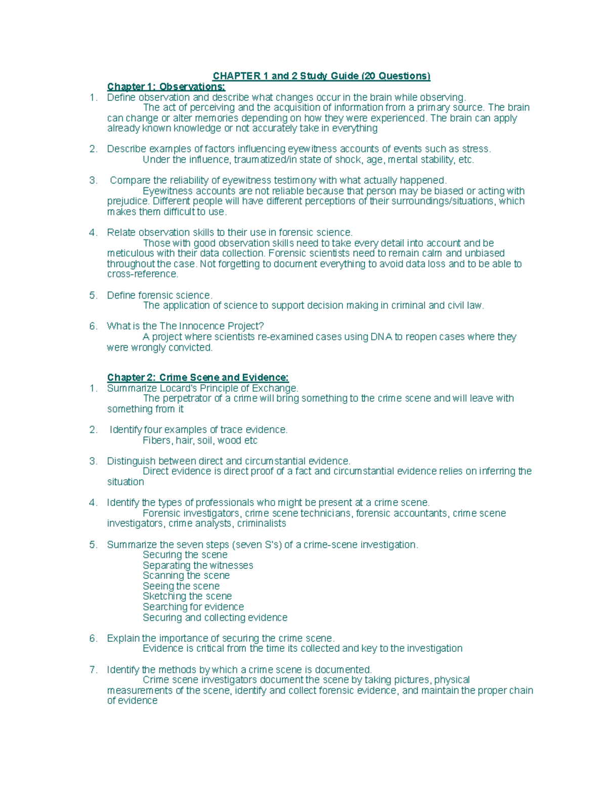 CHS 101 Chapter 1 & 2 Study Guide: Observations & Crime Scene Evidence ...