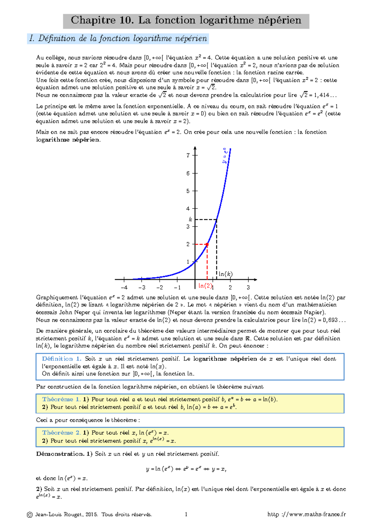 Logarithme neperien cours 05 - Chapitre 10. La fonction logarithme ...