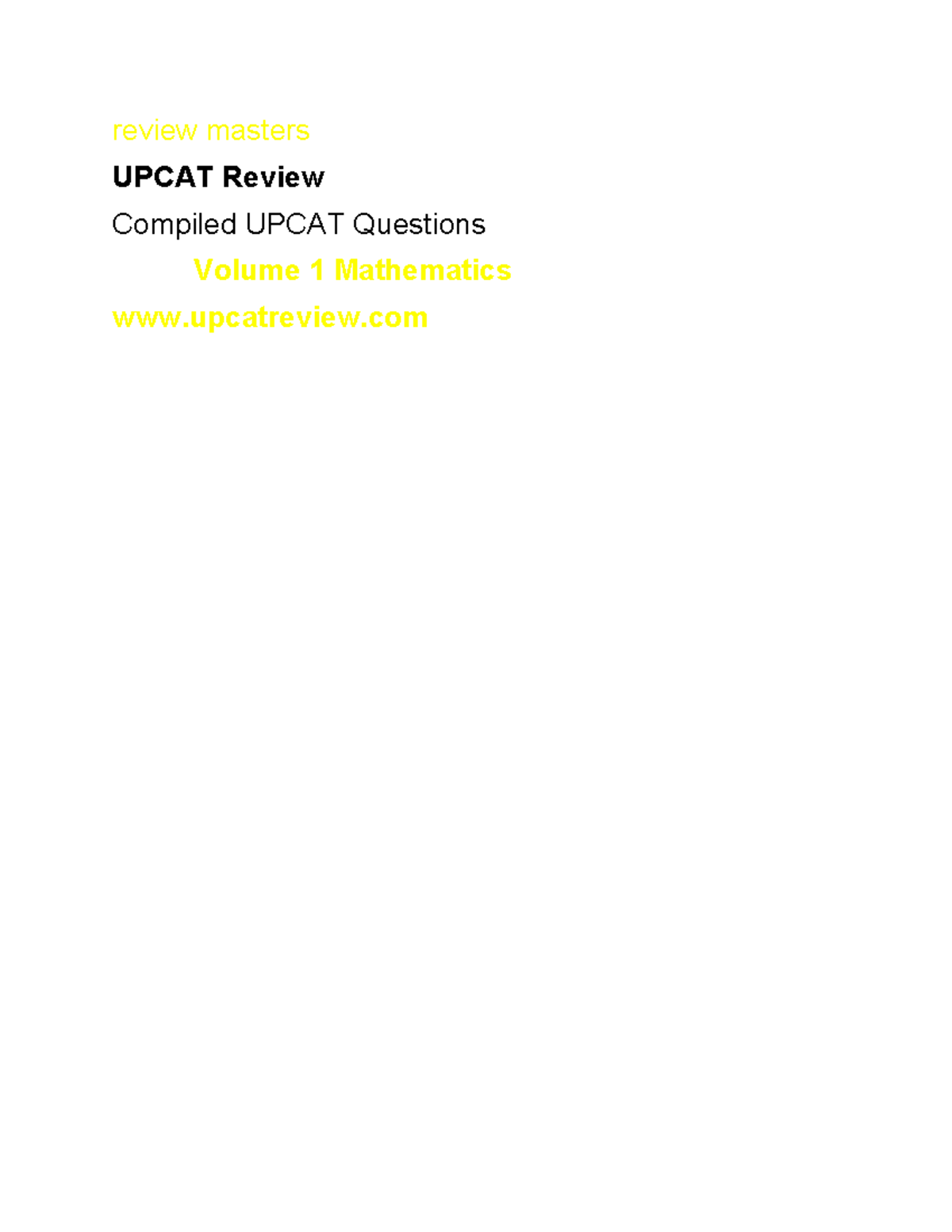 UPCAT MATH Review: Compiled Questions Volume 1 for Exam Prep - Studocu