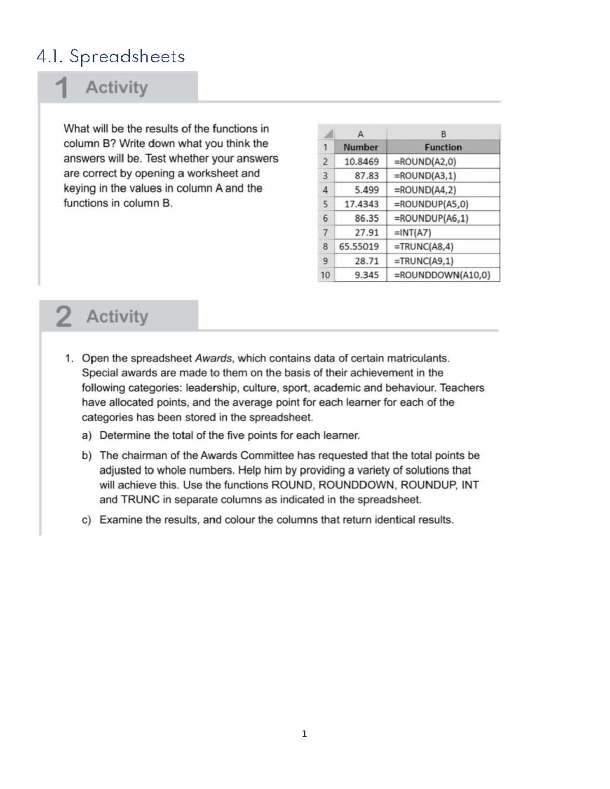 4.1 Spreadsheet Activities - Practical Exercises and Functions - Studocu