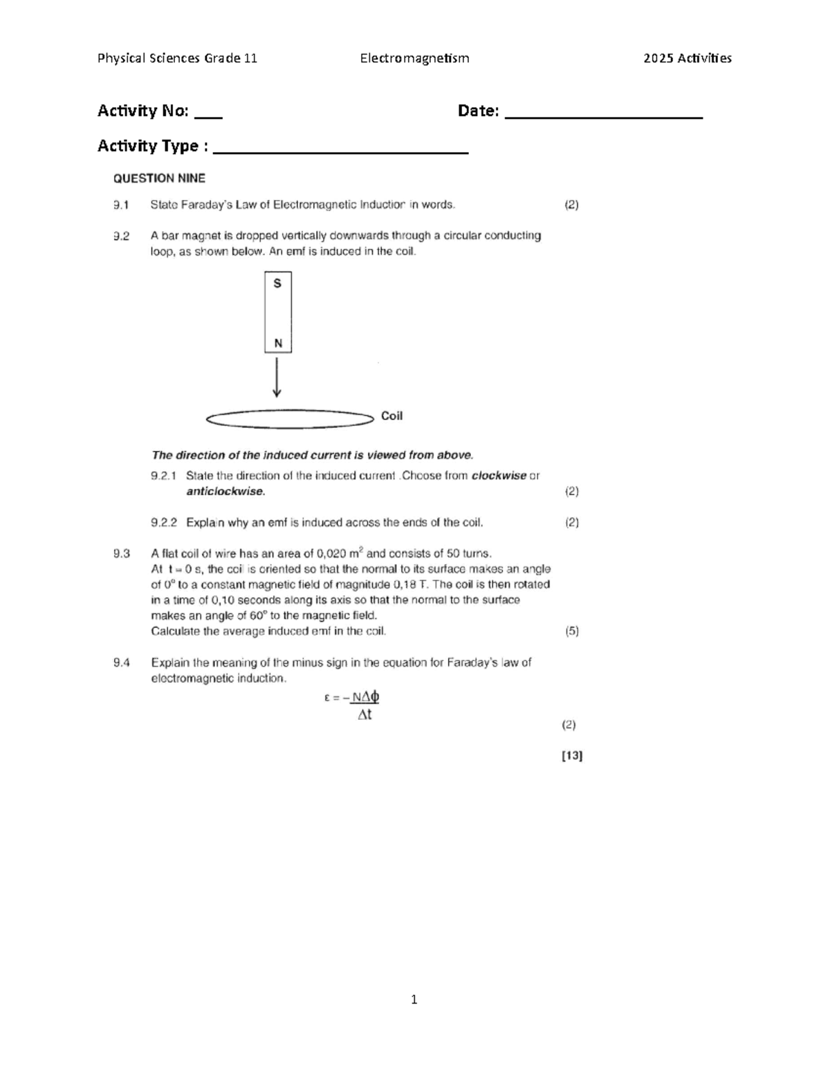 Grade 11 Physical Sciences Electromagnetism Activities & Guidelines 2025 - Studocu