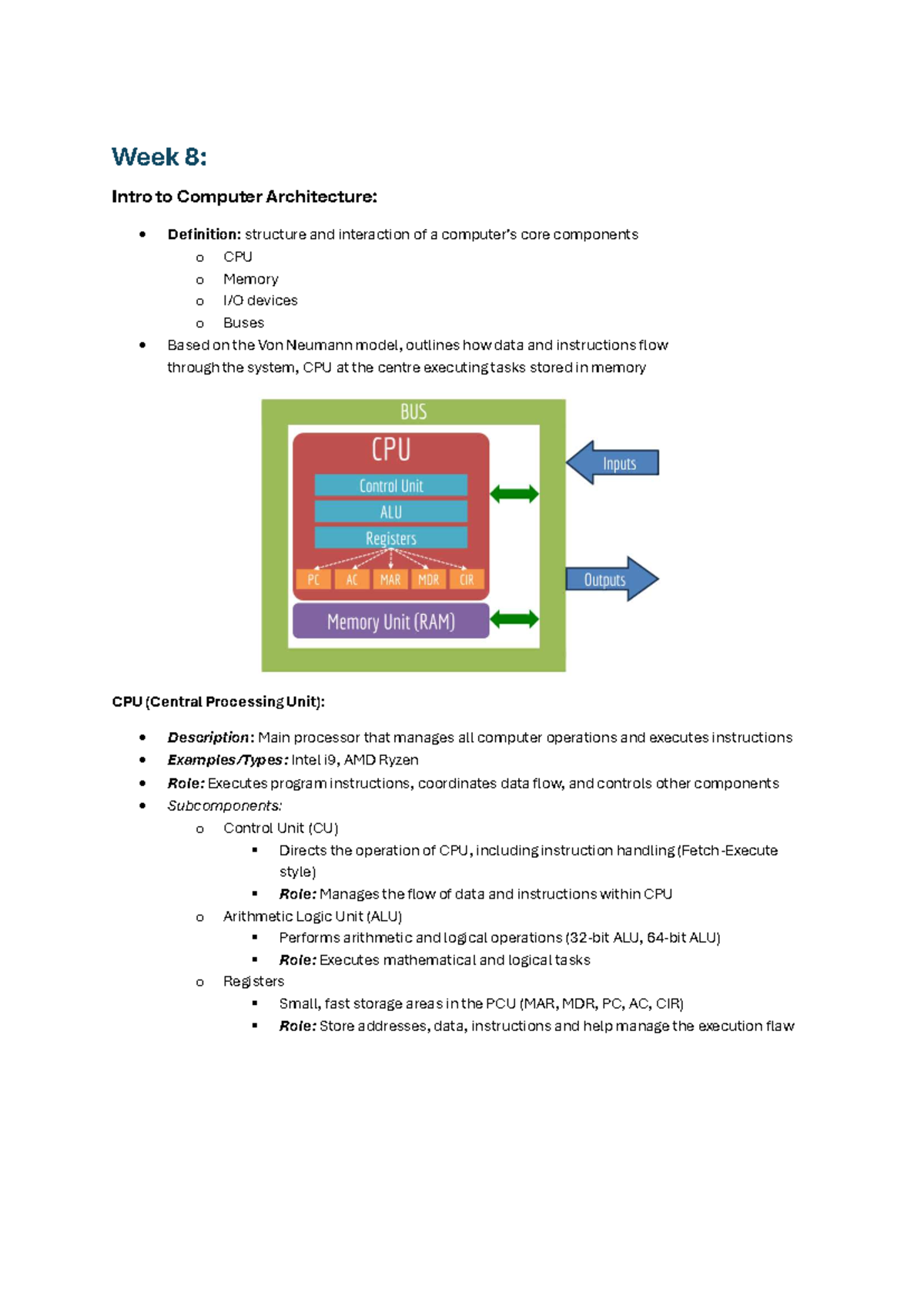 Week 8: Intro to Computer Architecture - CPU, Memory, and Data Flow - Studocu