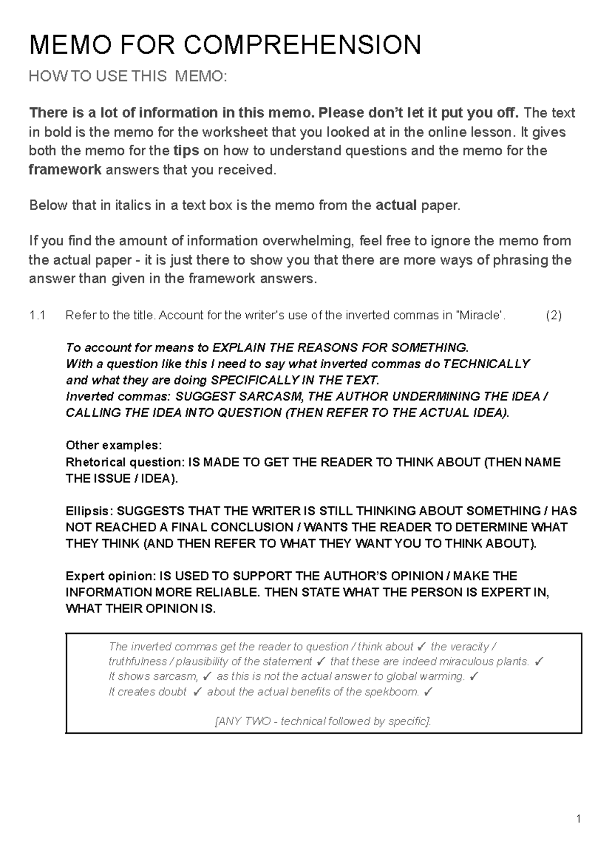 Comprehension Memo: Understanding Texts and Answer Techniques - Studocu