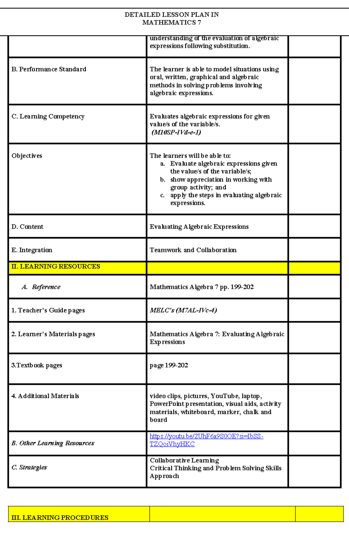 Mathematics 7: Lesson Plan on Evaluating Algebraic Expressions - Studocu