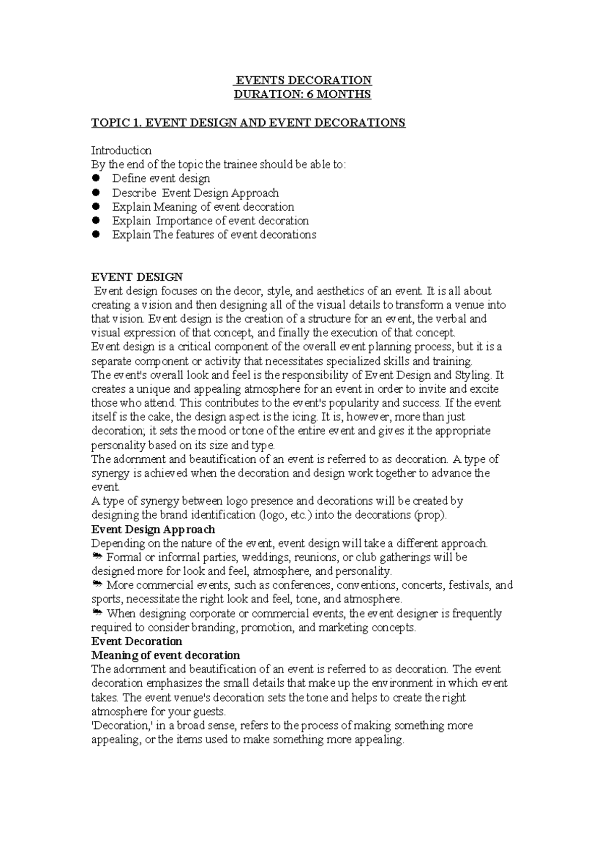 Event Design and Decoration Concepts - Course Code: ED 101 Notes - Studocu