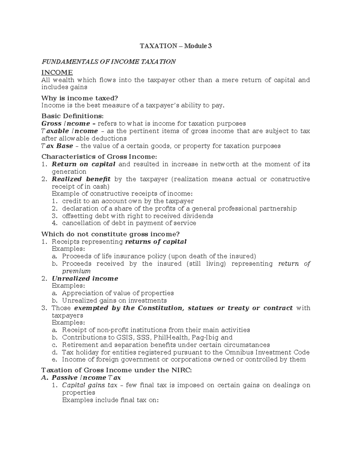 Module 3 - Fundamentals of Income Taxation - TAXATION – Module 3 ...